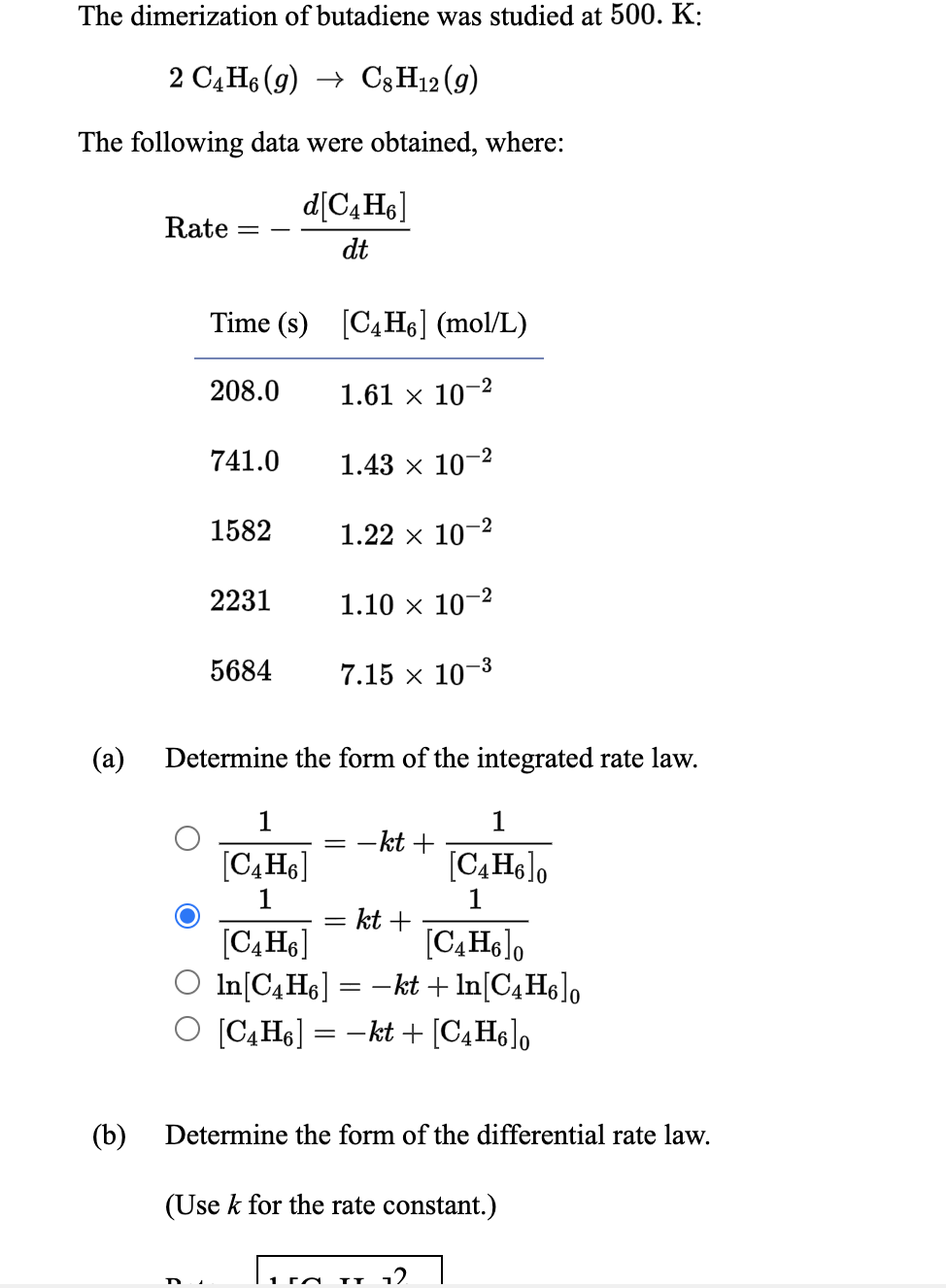 Solved The dimerization of butadiene was studied at 500. K: | Chegg.com