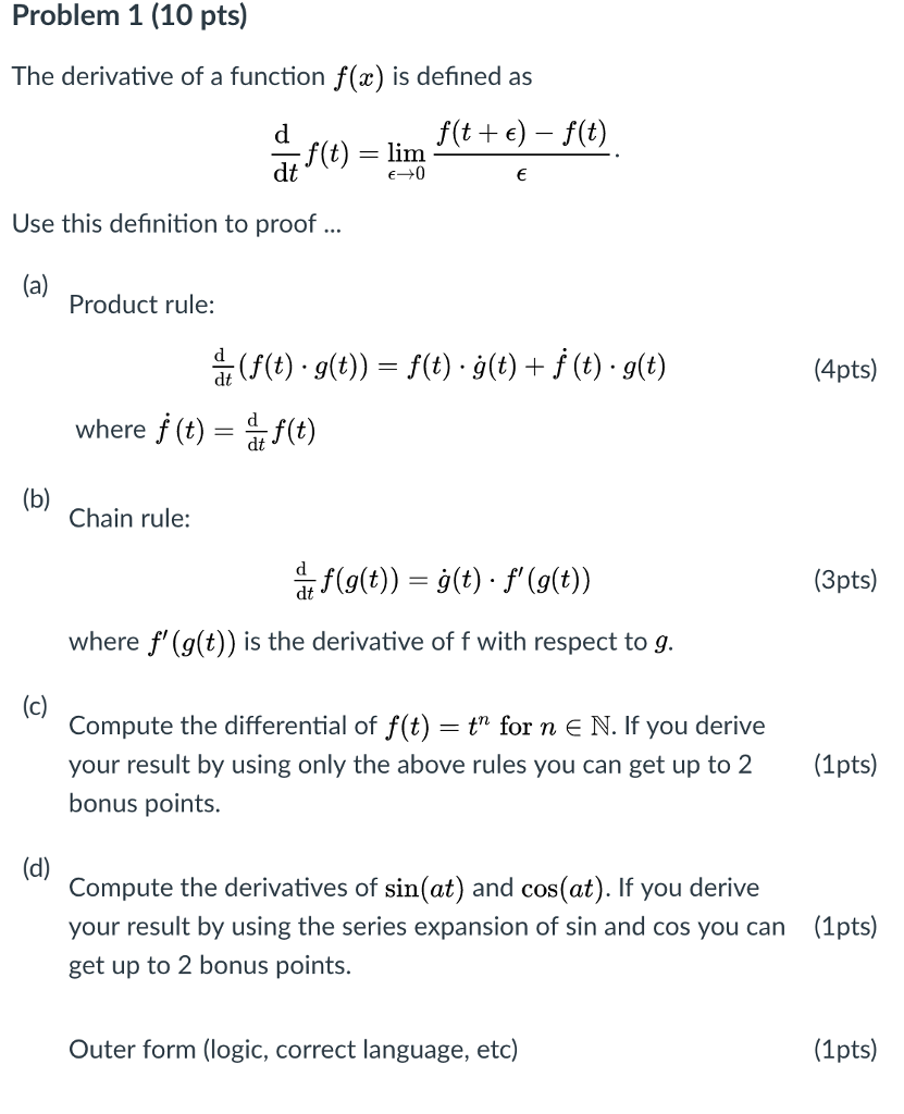 Solved Problem 1 (10 pts) The derivative of a function f(x) | Chegg.com
