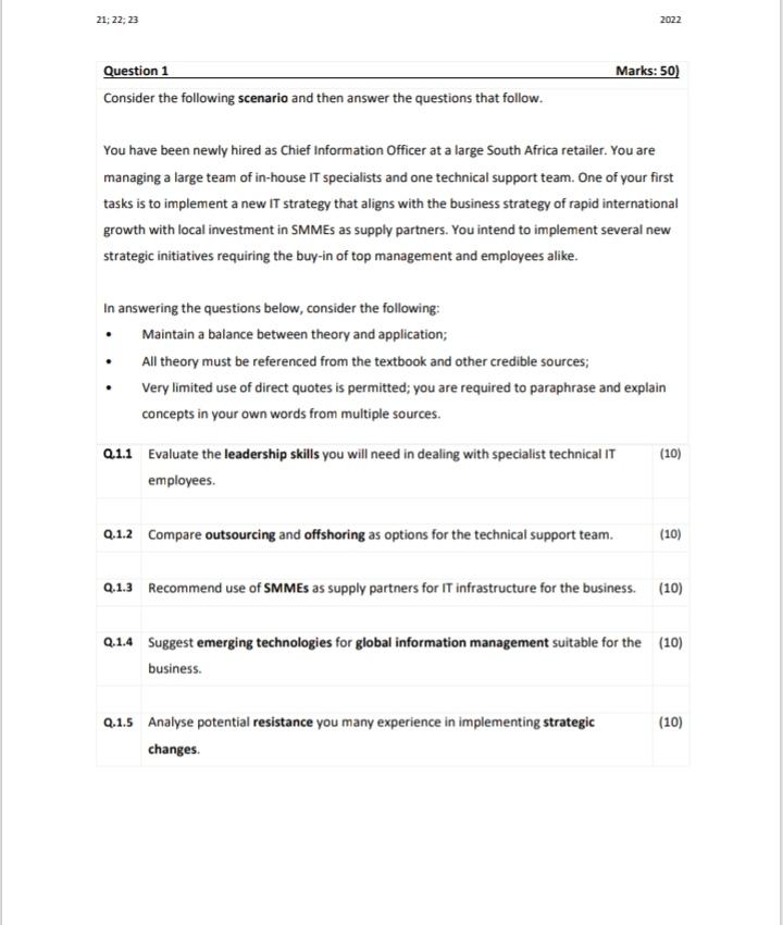 Solved 21;22;23 2022 Question 1 Marks: 50) Consider the | Chegg.com