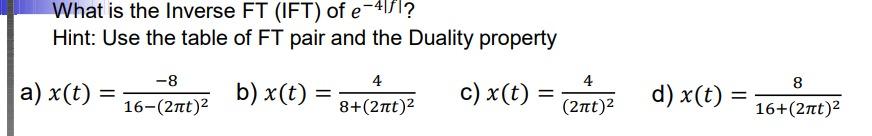 Solved What is the Inverse FT (IFT) of e−4∣// ? Hint: Use | Chegg.com