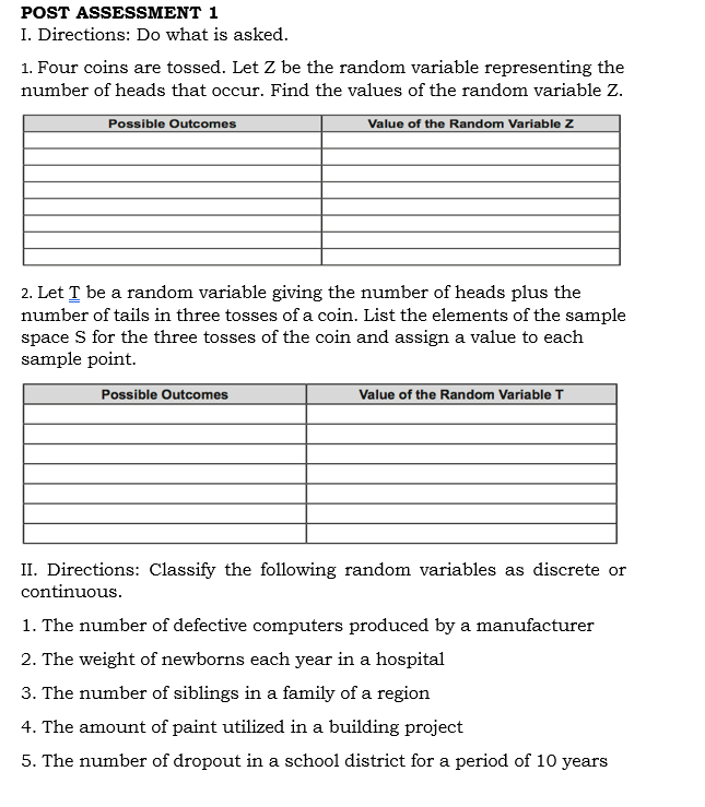 POST ASSESSMENT 1 I. Directions: Do what is asked. 1. | Chegg.com