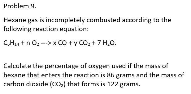 Solved Problem 9. Hexane gas is incompletely combusted | Chegg.com