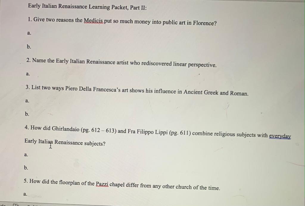 Solved Early Italian Renaissance Learning Packet, Part II: | Chegg.com
