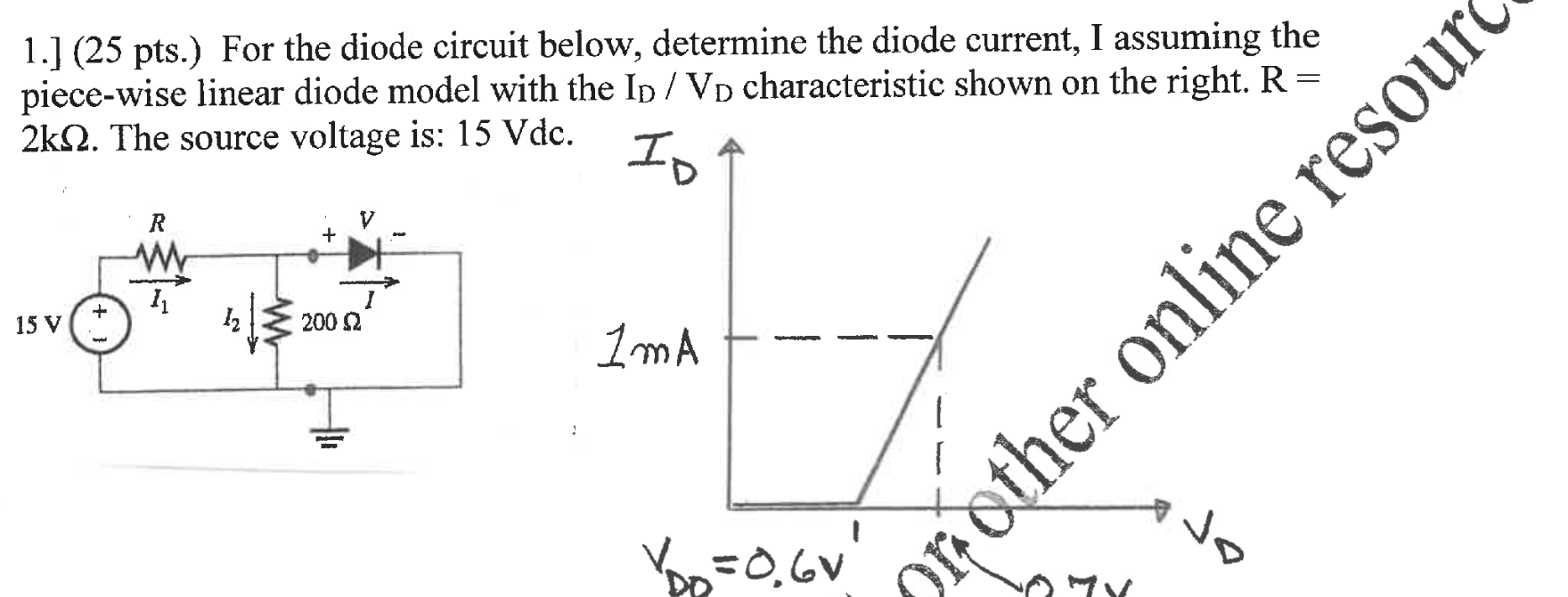 Solved 1.) (25 pts.) For the diode circuit below, determine | Chegg.com