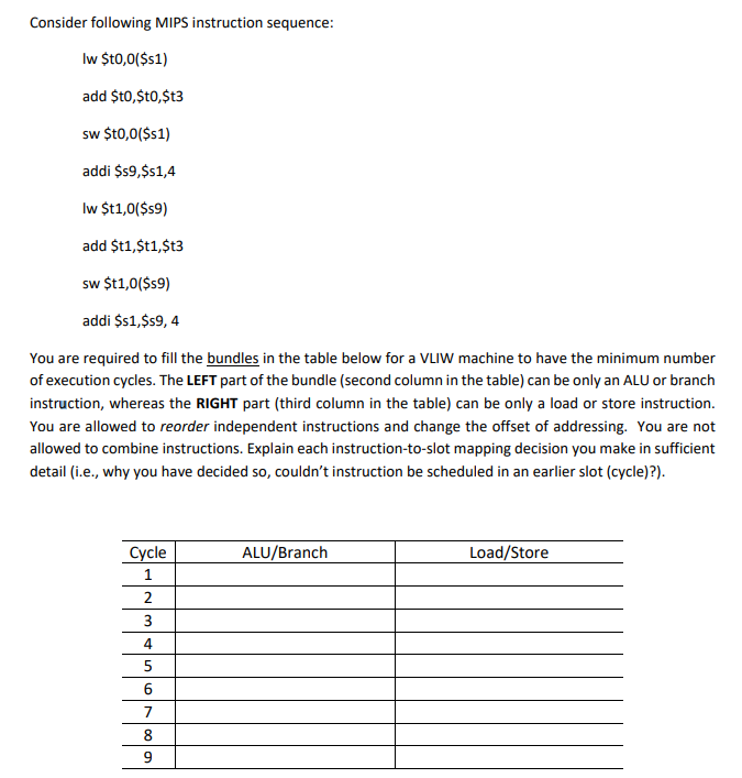 Solved Consider following MIPS instruction sequence: lw | Chegg.com