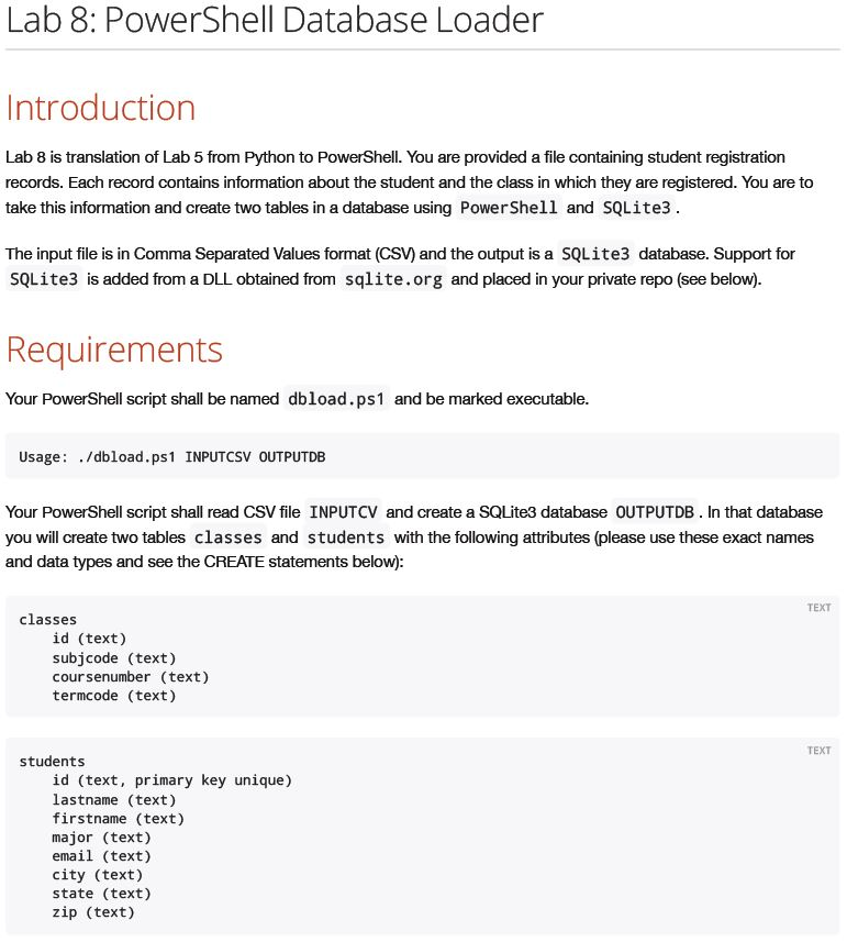 Lab 8: PowerShell Database Loader Introduction Lab 8 | Chegg.com