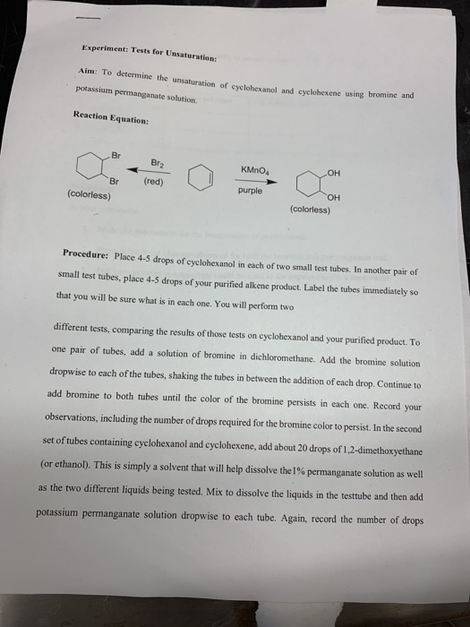 Solved Experiment: Tests for Unsaturation: Aim: To determine | Chegg.com