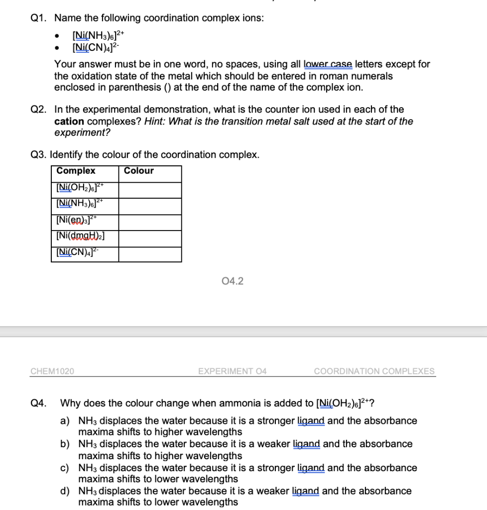 Solved . Q1. Name the following coordination complex ions: | Chegg.com
