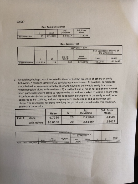 Solved 1960s? One-Sample Statistics Std Deviation Std. Error | Chegg.com
