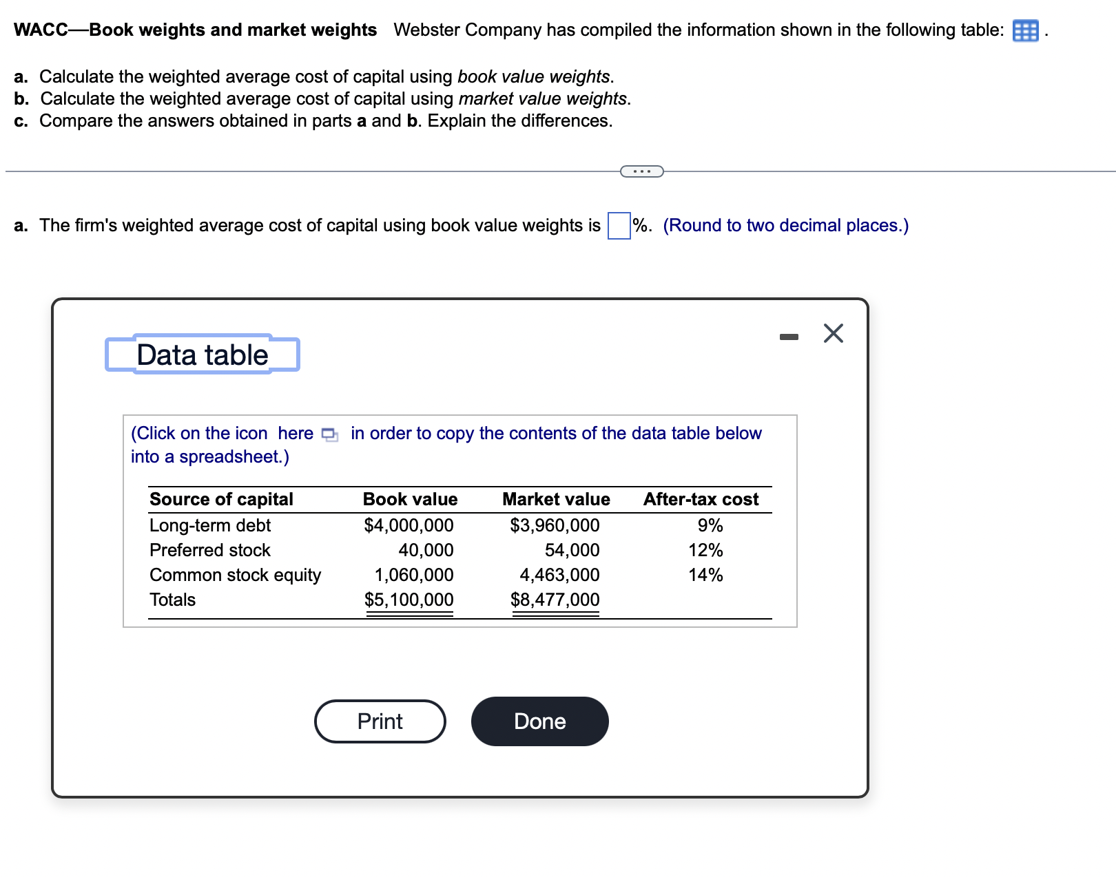 Solved WACC-Book weights and market weights Webster Company | Chegg.com