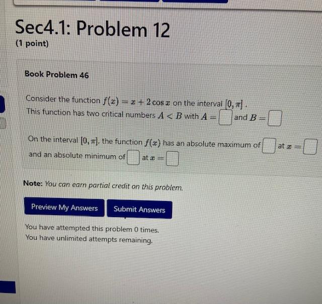 Consider the function f(x)=x+2cosx on the interval | Chegg.com