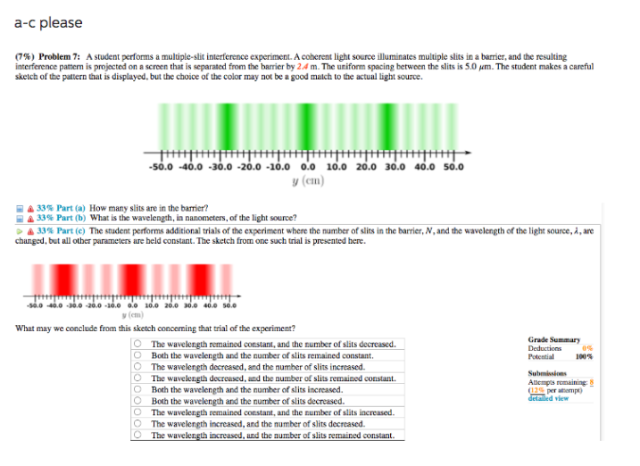 Solved (7\\%) Problem 7: A student performs a multiple-slit | Chegg.com