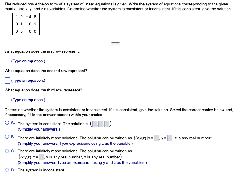 Solved The reduced row echelon form of a system of linear | Chegg.com