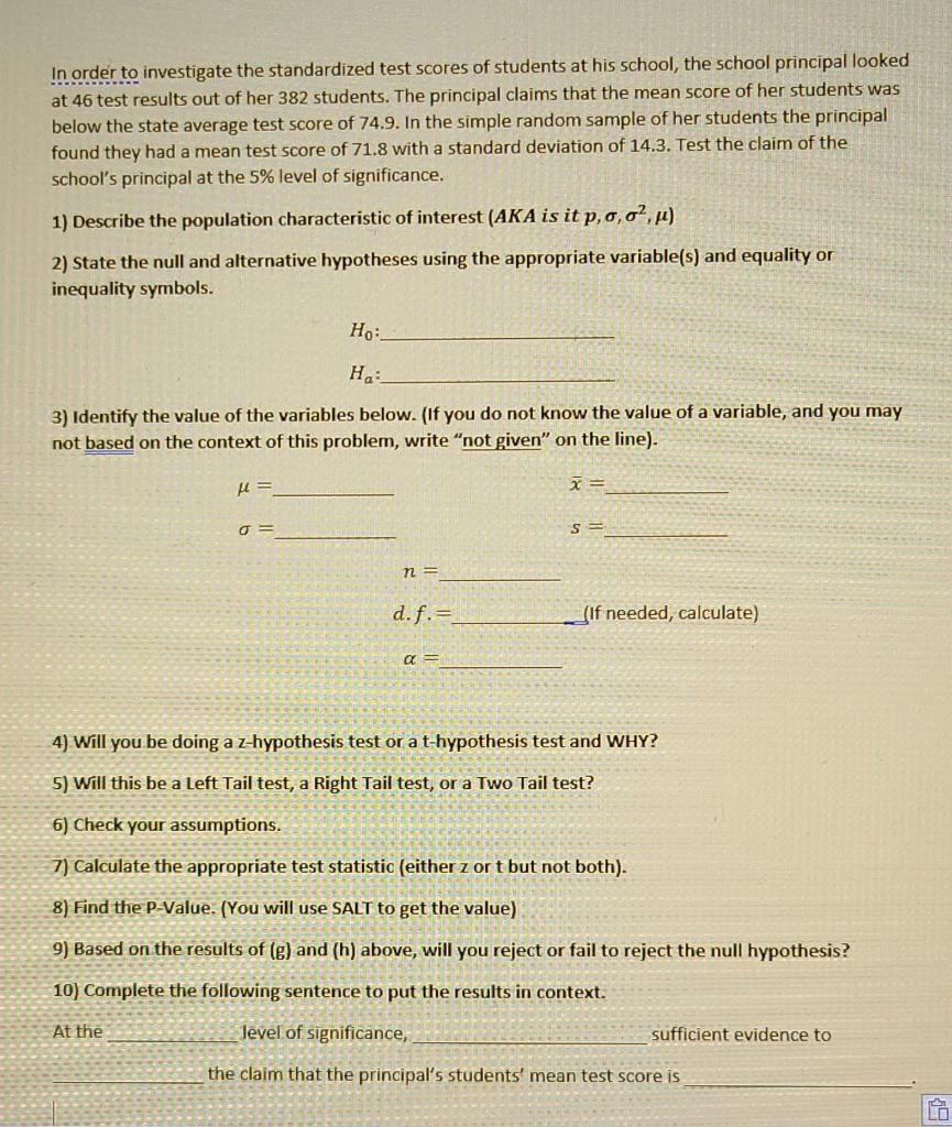 Solved In order to investigate the standardized test scores | Chegg.com