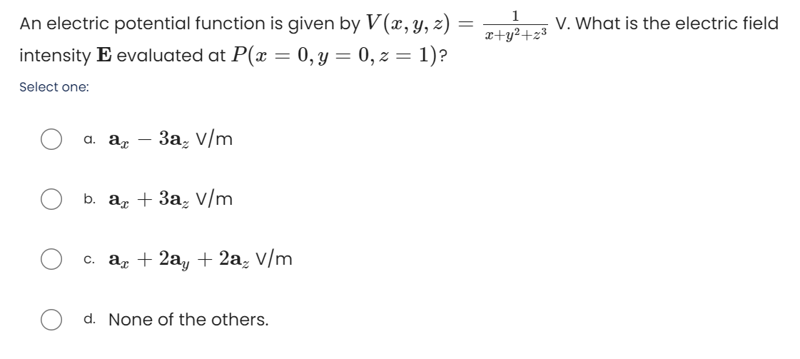 Solved An electric potential function is given by | Chegg.com