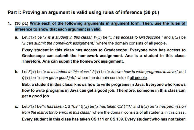 Solved Part l: Proving an argument is valid using rules of | Chegg.com