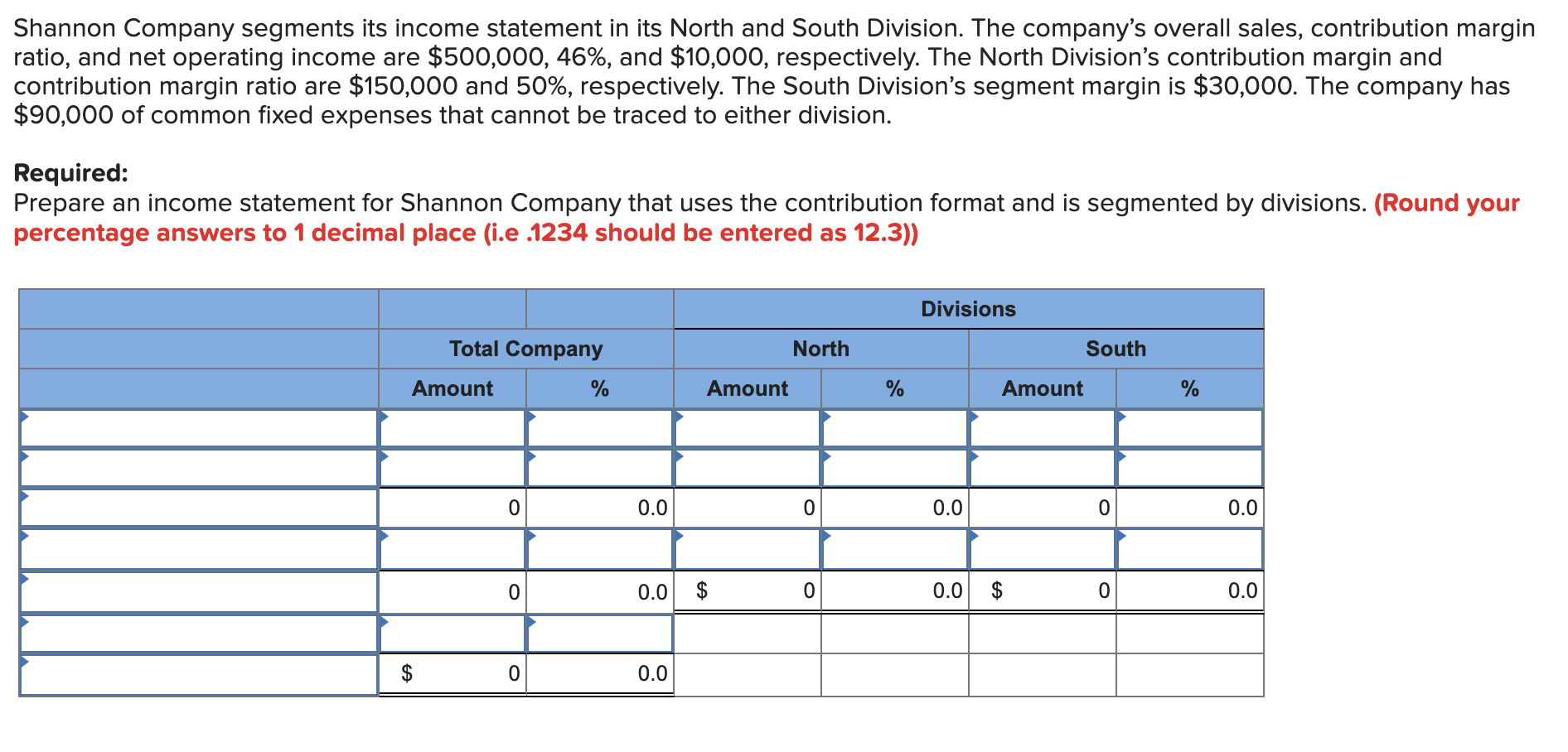 Solved Shannon Company segments its income statement in its | Chegg.com
