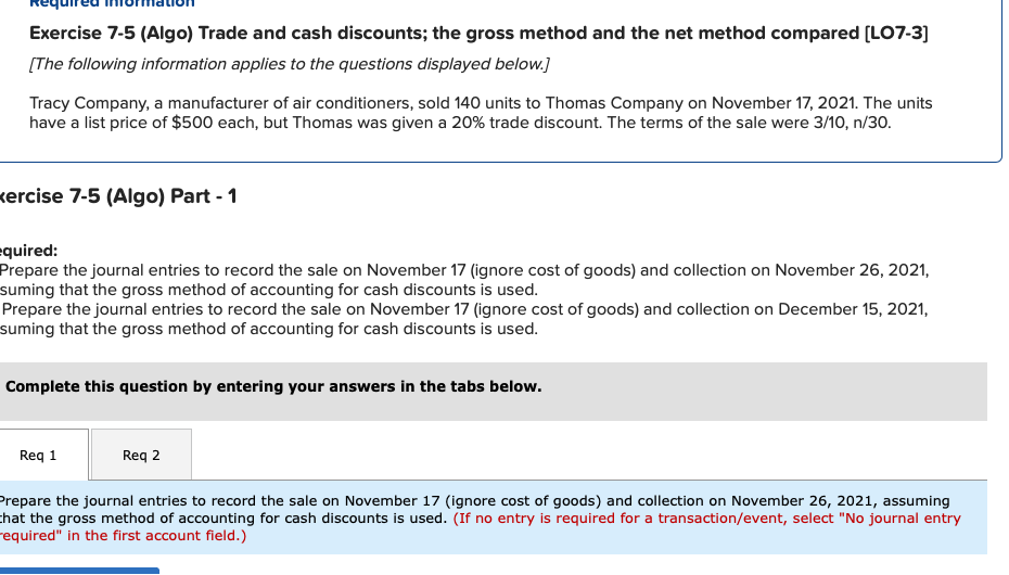 Solved Exercise 7-5 (Algo) Trade and cash discounts; the | Chegg.com
