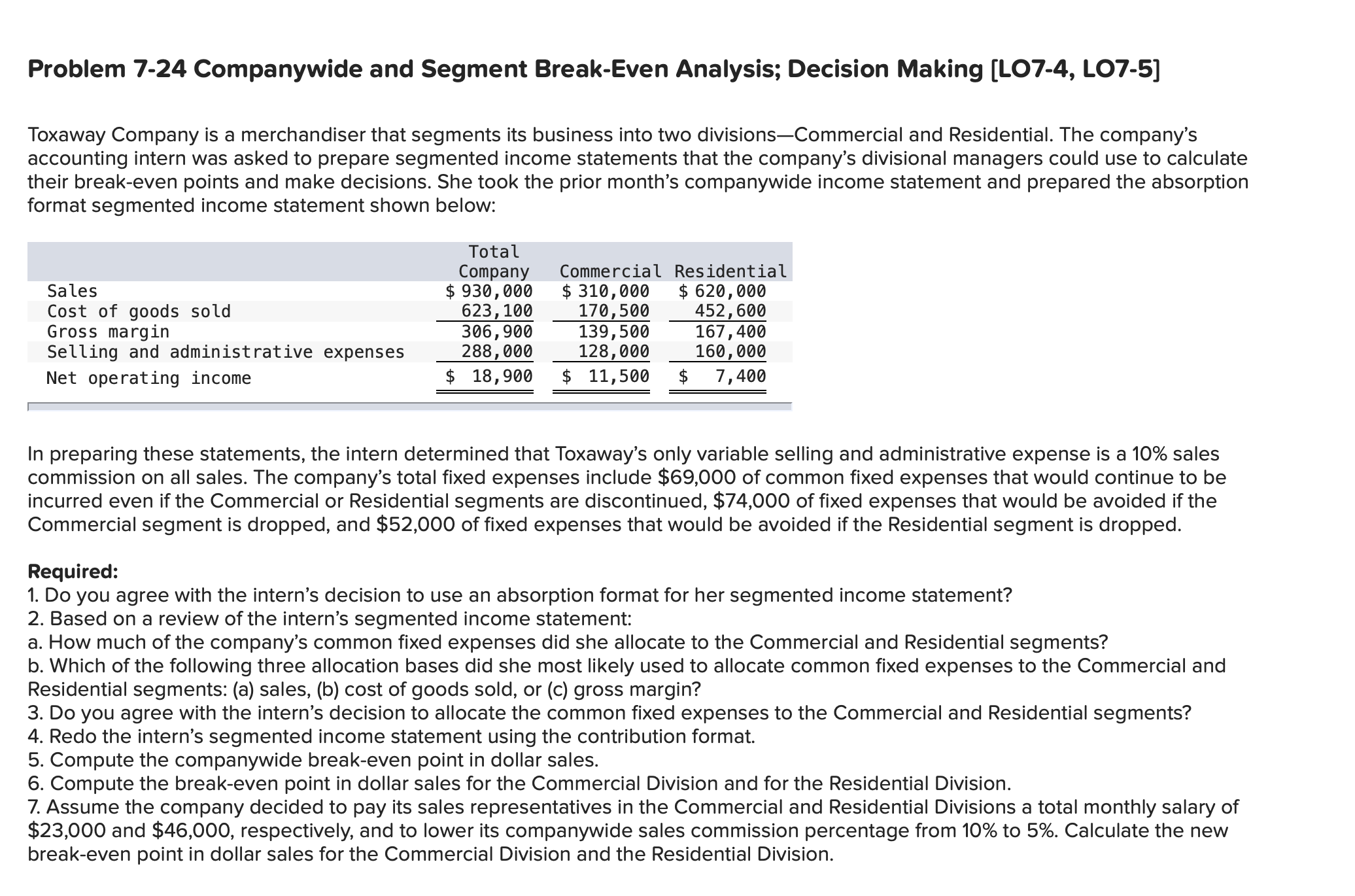 Problem 7-24 ﻿Companywide and Segment Break-Even | Chegg.com