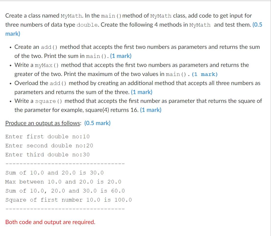 Solved Create a class named MyMath. In the main ( ) method | Chegg.com