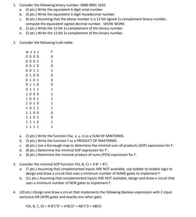 Solved 1. Consider the following binary number: 0000 0001 | Chegg.com