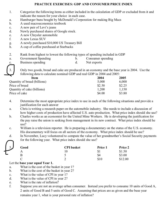 Solved PRACTICE EXERCISES: GDP AND CONSUMER PRICE INDEX | Chegg.com