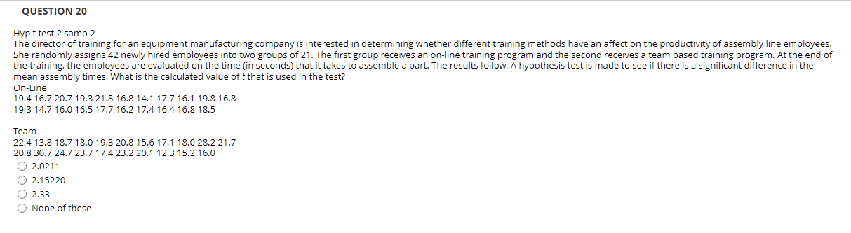 Solved Hyp t test 2 samp 2 mean assembly times. What is the | Chegg.com