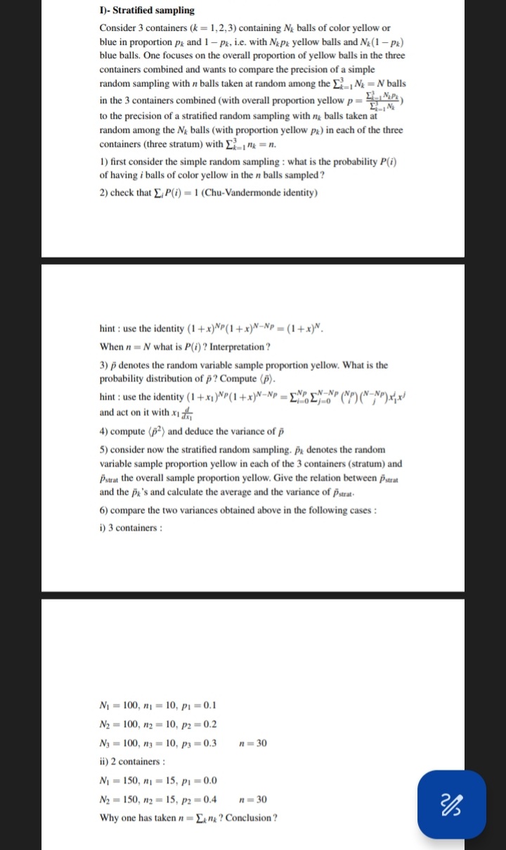 Solved I)- Stratified sampling Consider 3 containers | Chegg.com