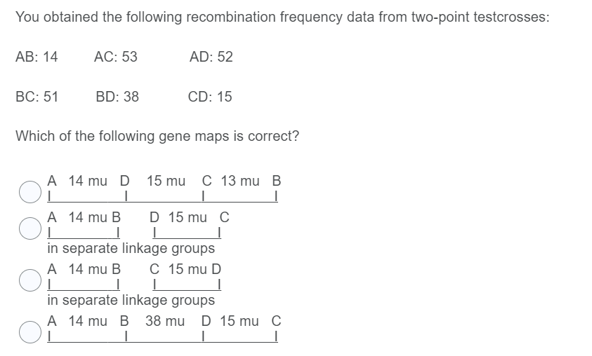Solved You obtained the following recombination frequency | Chegg.com