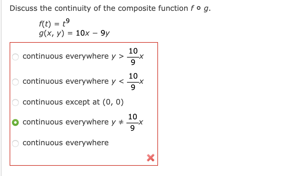 Solved Discuss the continuity of the composite function f∘g. | Chegg.com