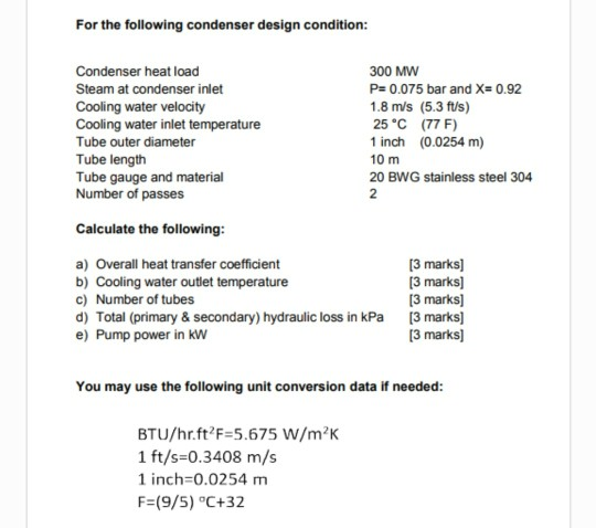Solved For the following condenser design condition: | Chegg.com