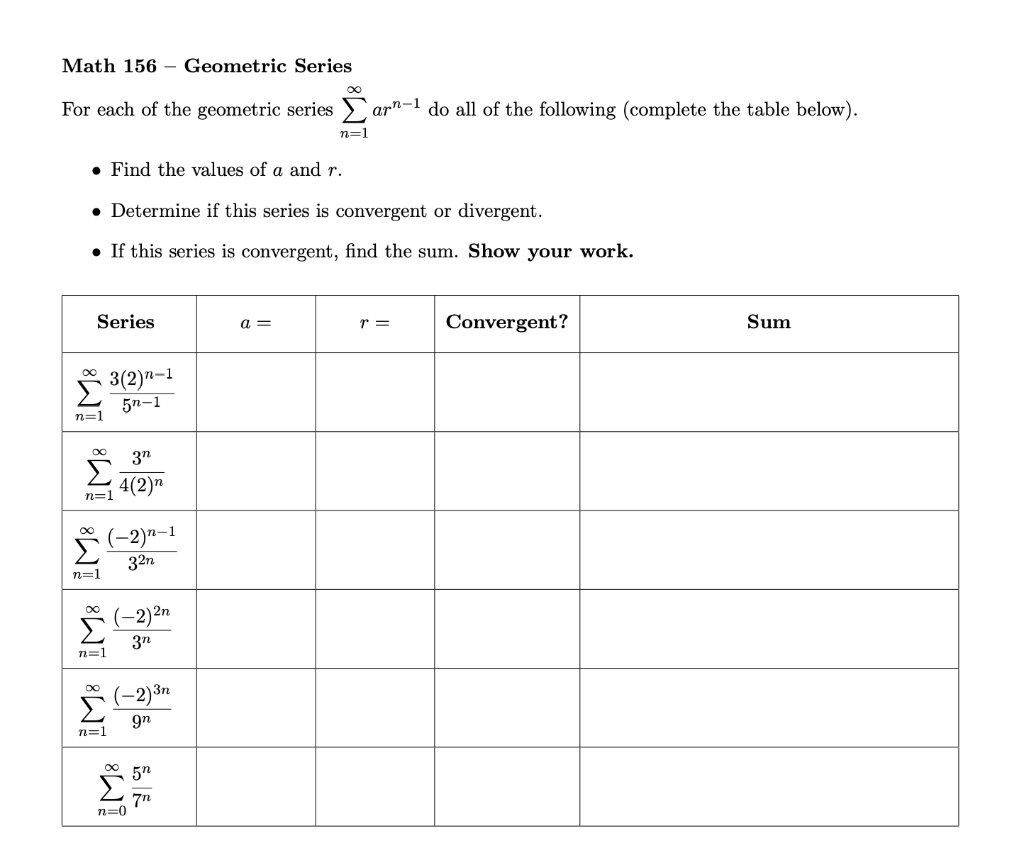 Solved Math 156 – Geometric Series For each of the geometric | Chegg.com