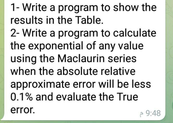 Solved 1- Write a program to show the results in the Table. | Chegg.com