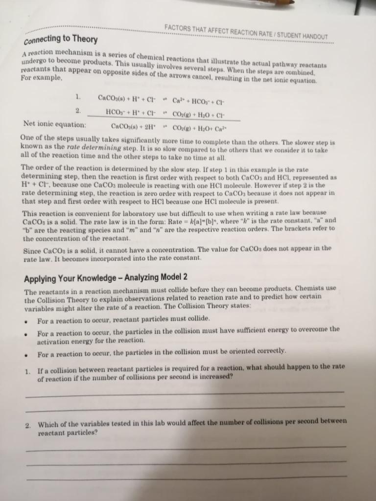 Solved FACTORS THAT AFFECT REACTION RATE / STUDENT HANDOUT | Chegg.com
