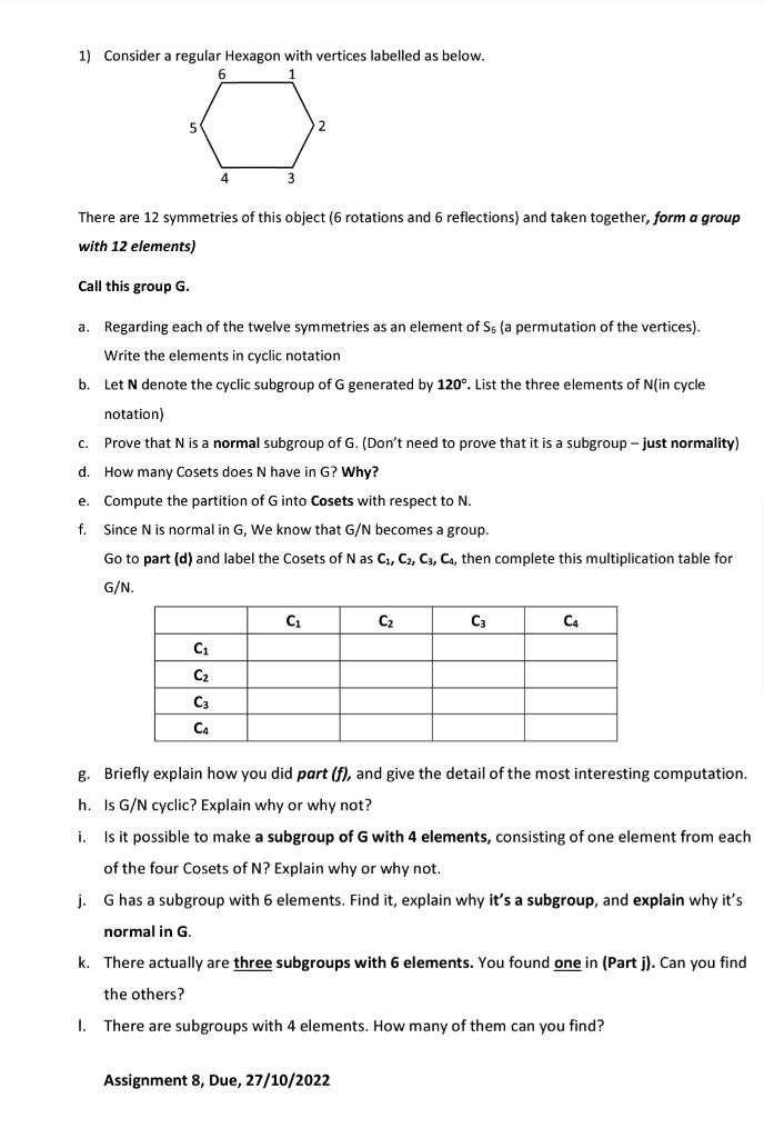 1) Consider a regular Hexagon with vertices labelled | Chegg.com