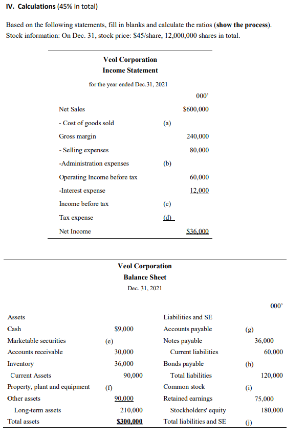 Solved IV. Calculations ( 45% in total) Based on the | Chegg.com