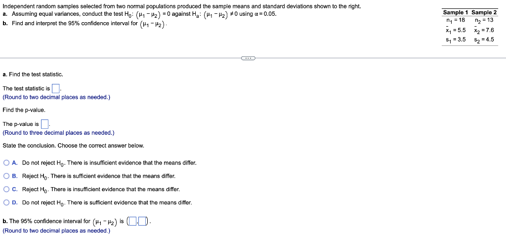 Solved Independent random samples selected from two normal | Chegg.com