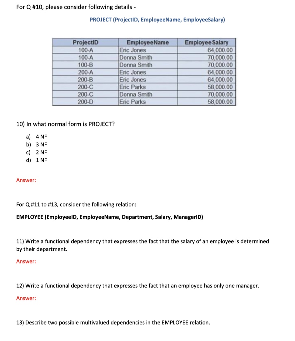 Solved PROJECT (ProjectID, EmployeeName, EmployeeSalary) 10) | Chegg.com