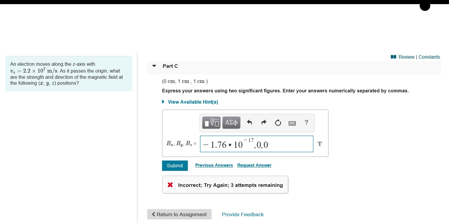 Solved A Review Constants Part C An electron moves along the | Chegg.com