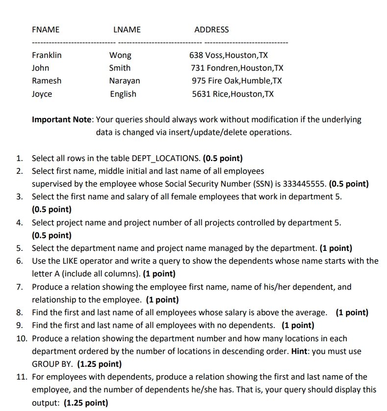 Solved Example: Select the employee first name, last name, | Chegg.com