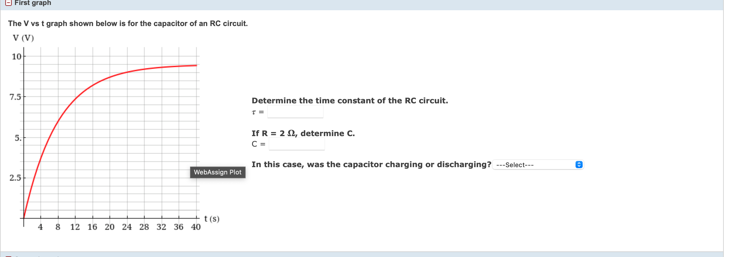 Solved The V vs t graph shown below is for the capacitor of | Chegg.com
