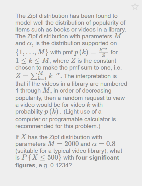 Solved The Zipf distribution has been found to model well | Chegg.com