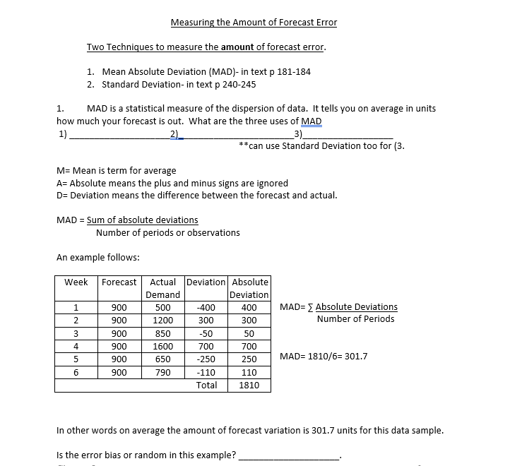 Solved Two Techniques to measure the amount of forecast | Chegg.com