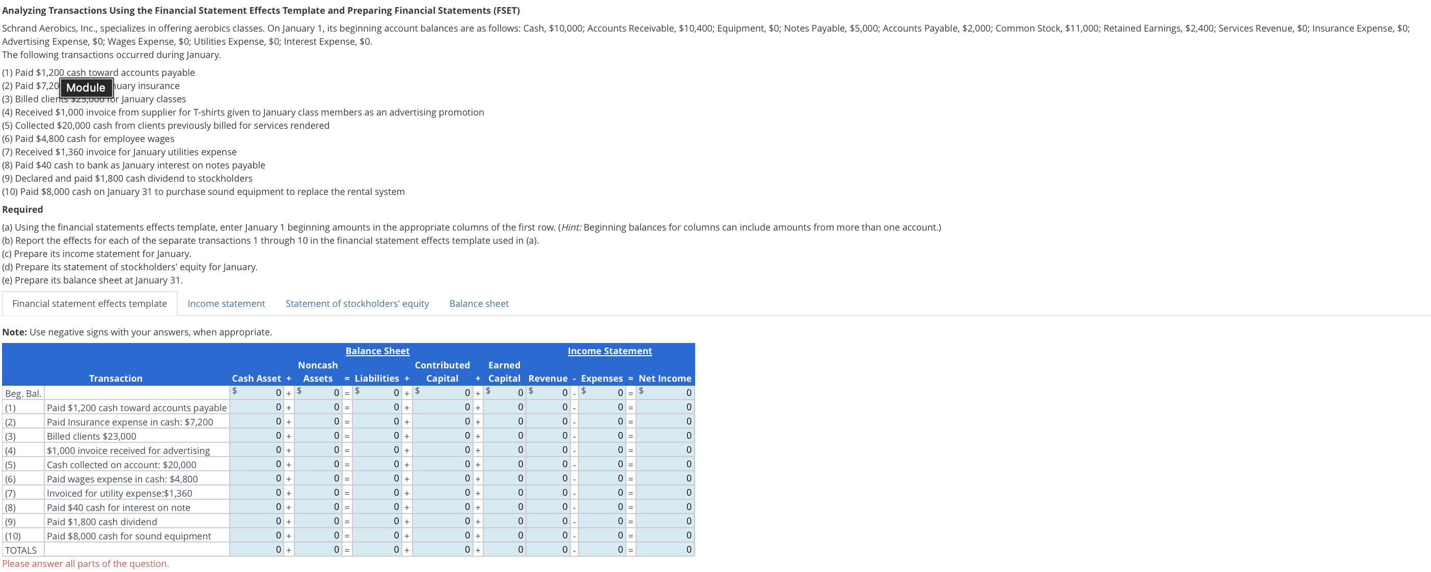 Solved Analyzing Transactions Using the Financial Statement | Chegg.com