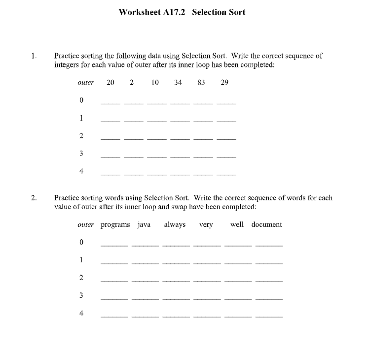 Worksheet A17.1 Bubble Sort 1. Practice sorting the | Chegg.com