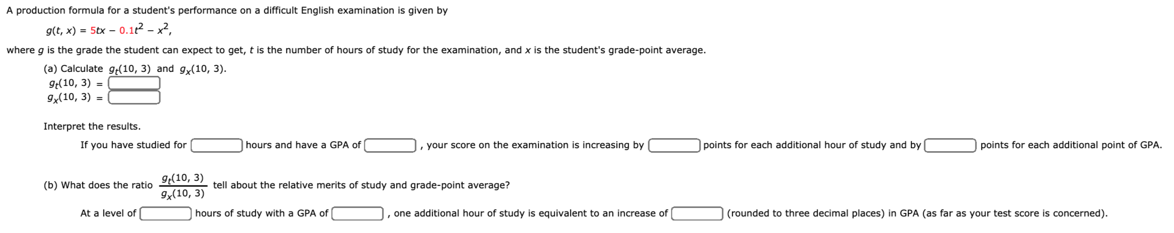 Solved A production formula for a student's performance on a | Chegg.com