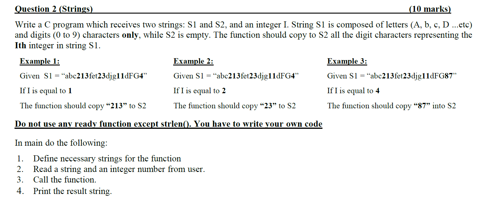Solved Question 2 (Strings) (10 marks) Write a C program | Chegg.com