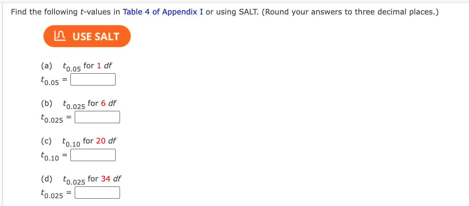 Solved Find the following t-values in Table 4 of Appendix I | Chegg.com