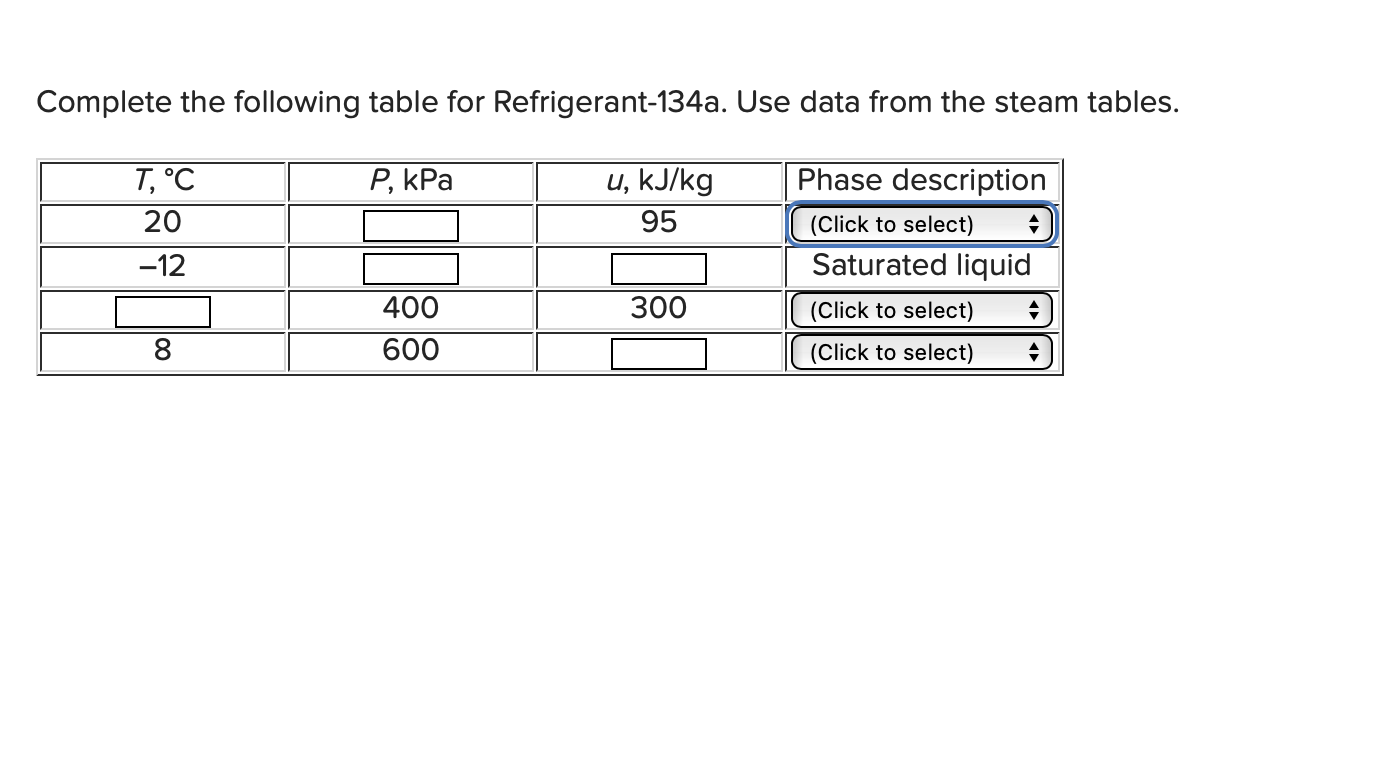 Solved Complete the following table for Refrigerant-134a. | Chegg.com