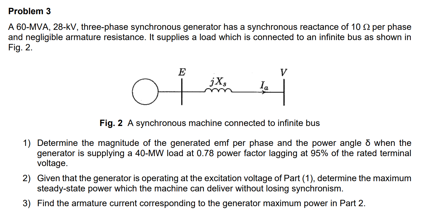 Solved Problem 3 A 60-MVA, 28-KV, three-phase synchronous | Chegg.com